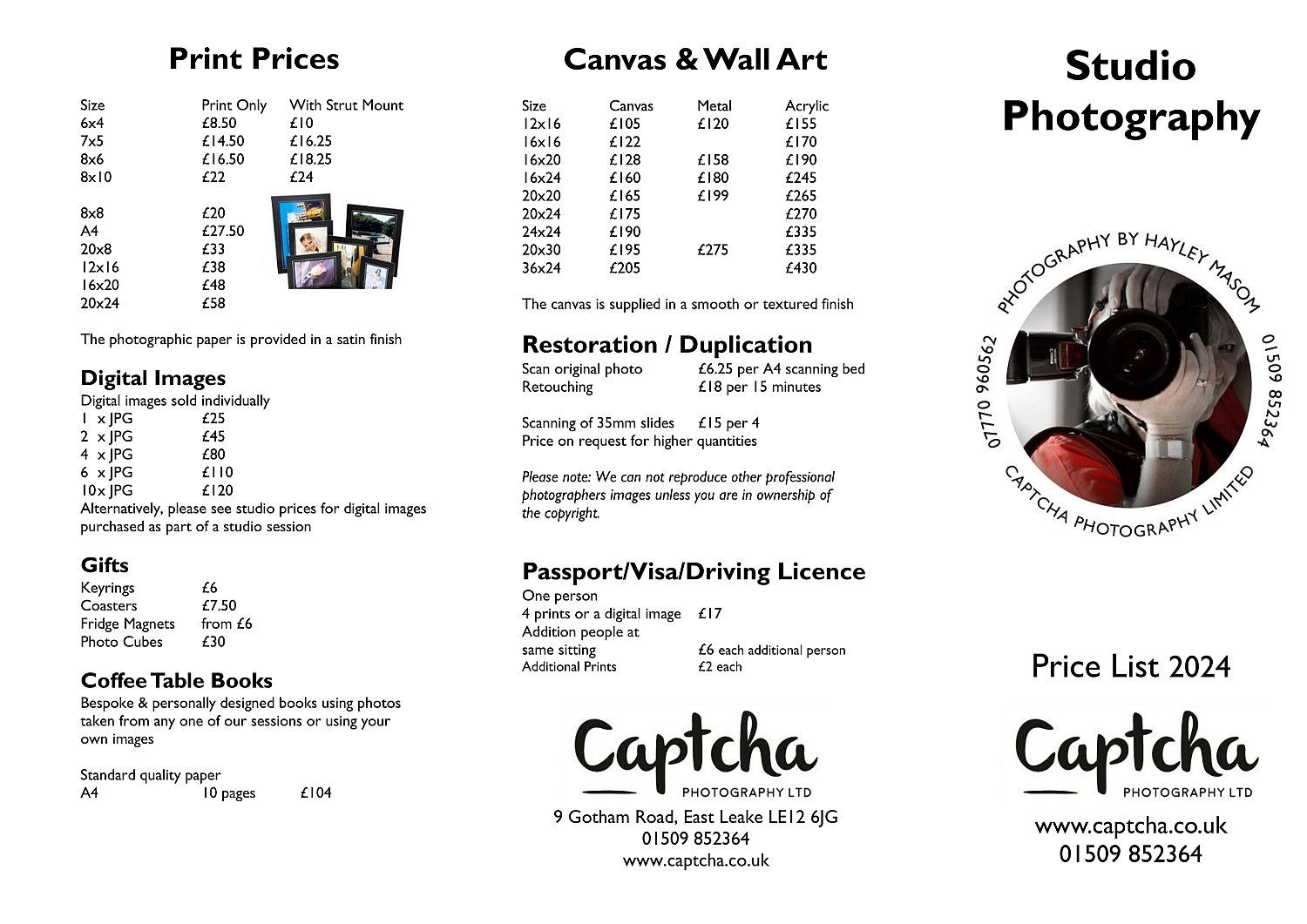 Studio Price Lists - Price Lists - Captcha Photography