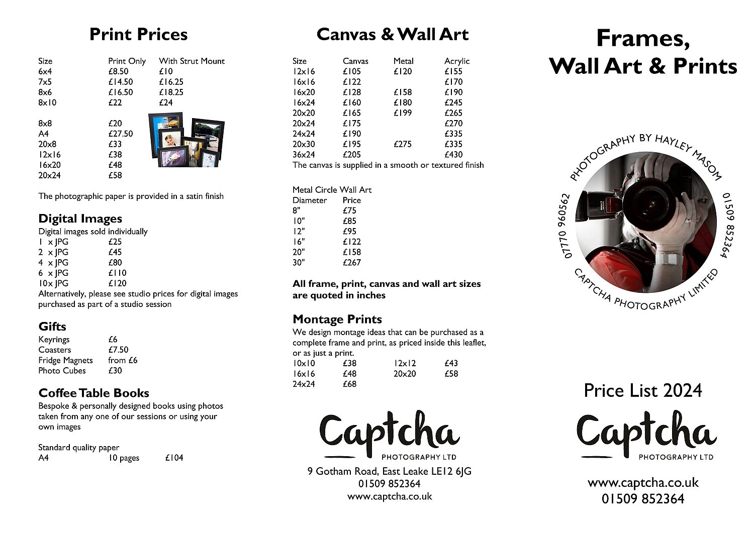 Frames, Wall Art & Prints - Price Lists - Captcha Photography